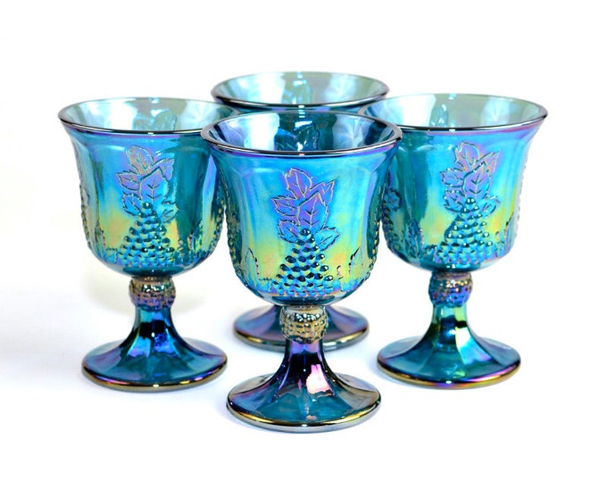 Blue Carnival Glass Goblets by Indiana Glass, Harvest Grape Pattern ...
