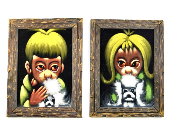 Retro Velvet Painting Pair Big, Sad Eye Boy & Girl Waif Children ...