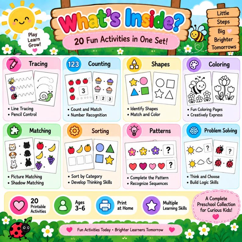 Preschool Worksheets Ages 3–6, 20 Printable Learning Activities ...