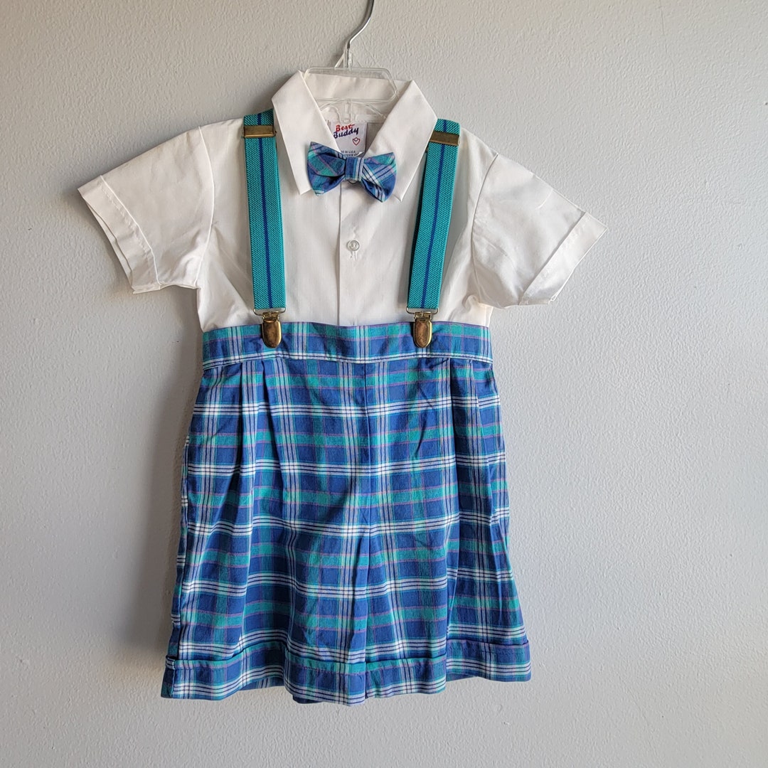 Vintage Boys Easter Outfit: Blue Plaid Shorts, Suspenders, Bow Tie ...