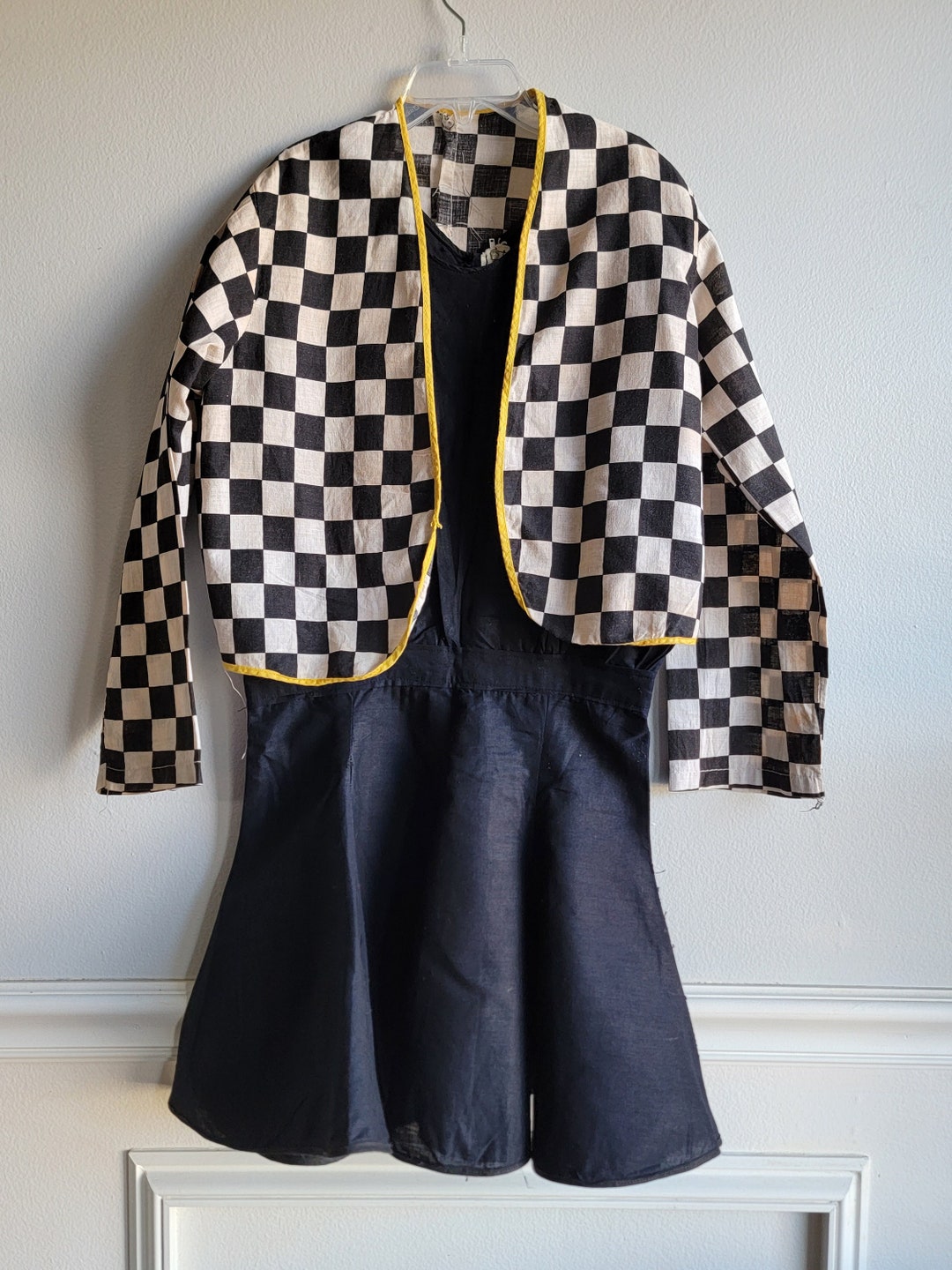 Vintage Girls Black Skater Dress and Checkerboard Jacket With Yellow ...