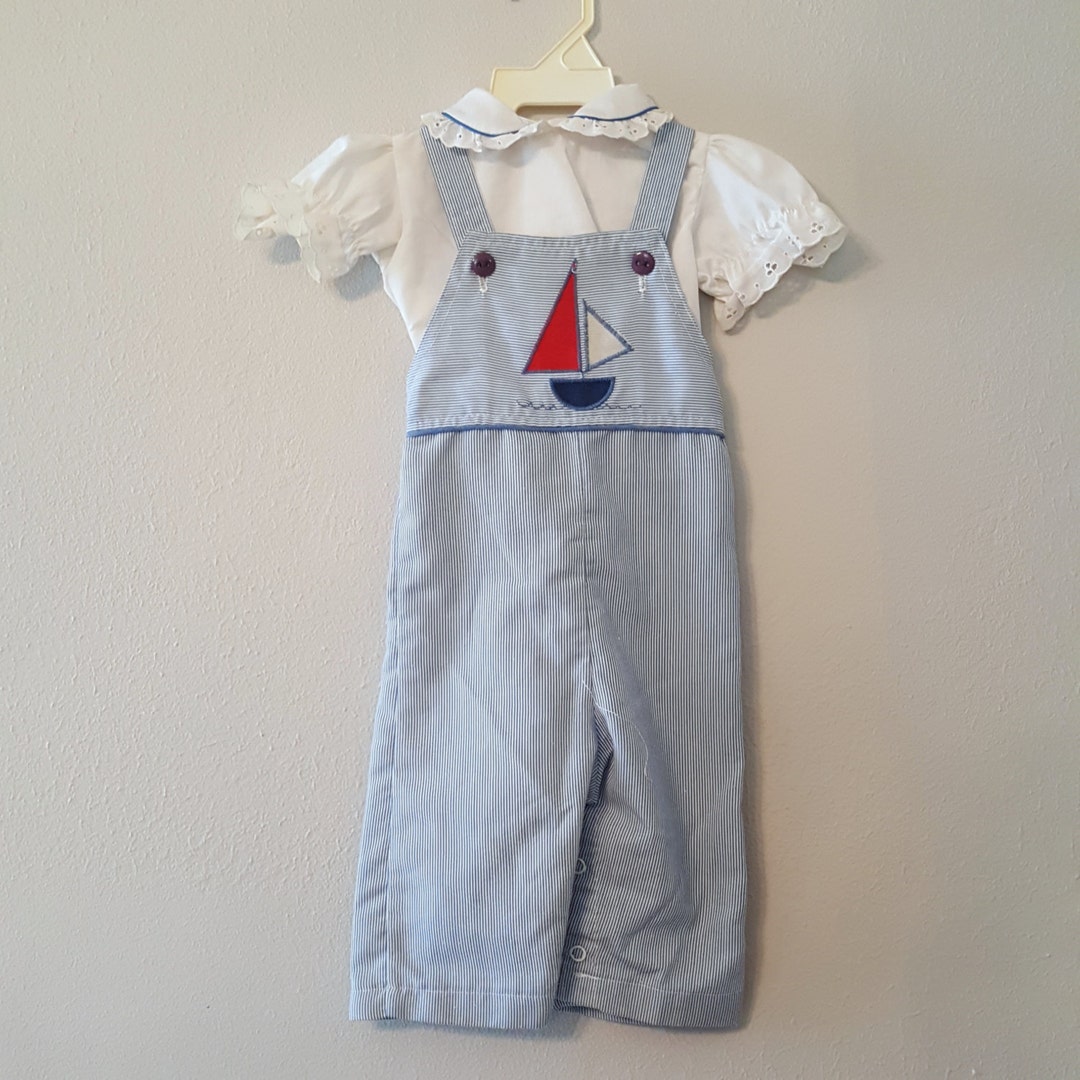 Vintage Girls Blue Striped Overalls With Sailboat and White Eyelet ...