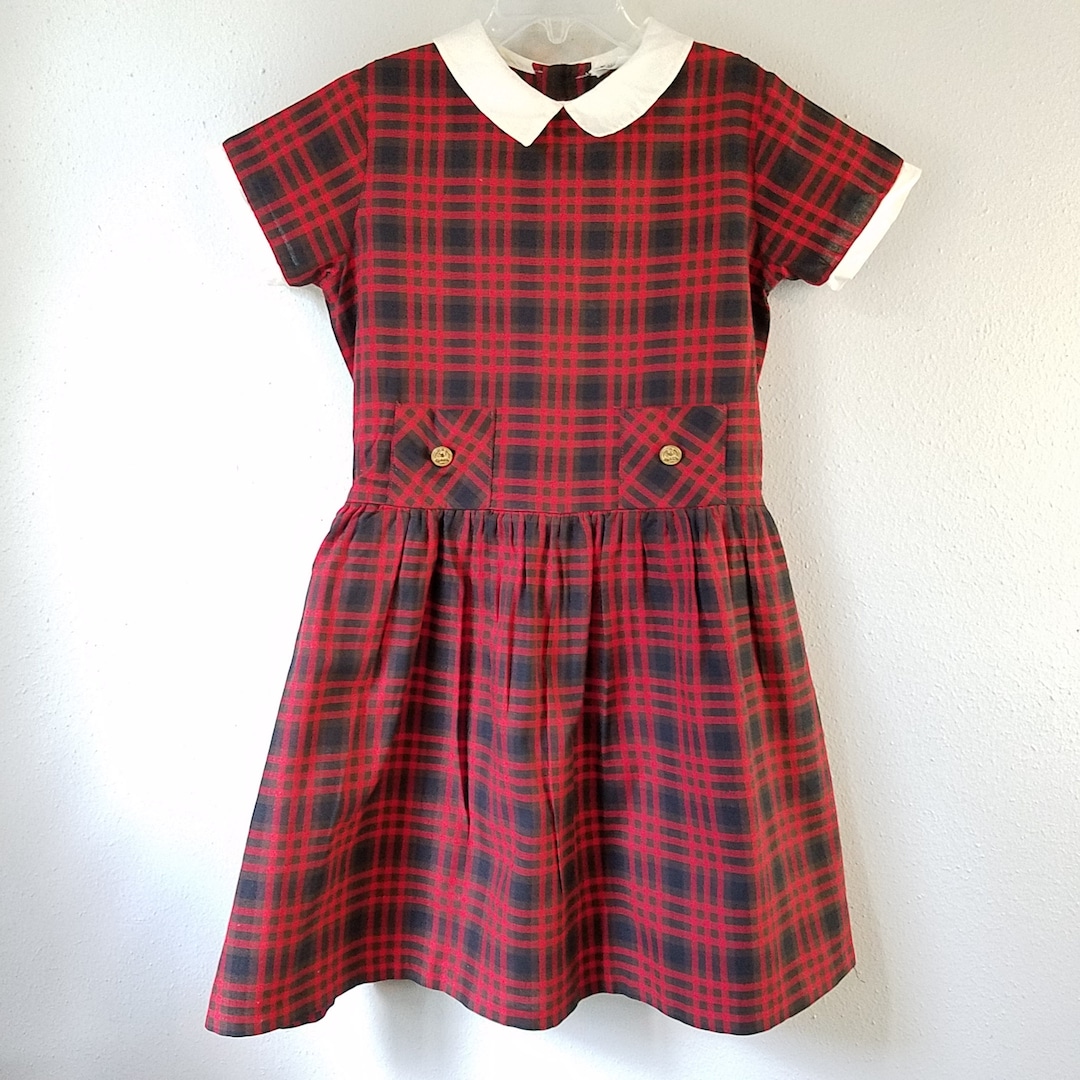 Vintage Girls Red Plaid Dress: Nautical Brass Buttons, White Collar ...