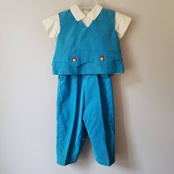 Vintage Turquoise Blue Corduroy Overalls and Vest wit… - Gem