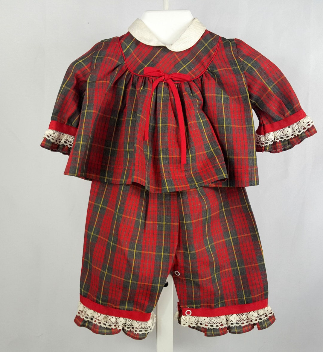 Vintage Baby Girls Red Plaid Outfit Pants Set- Size 9-12 Months - New ...