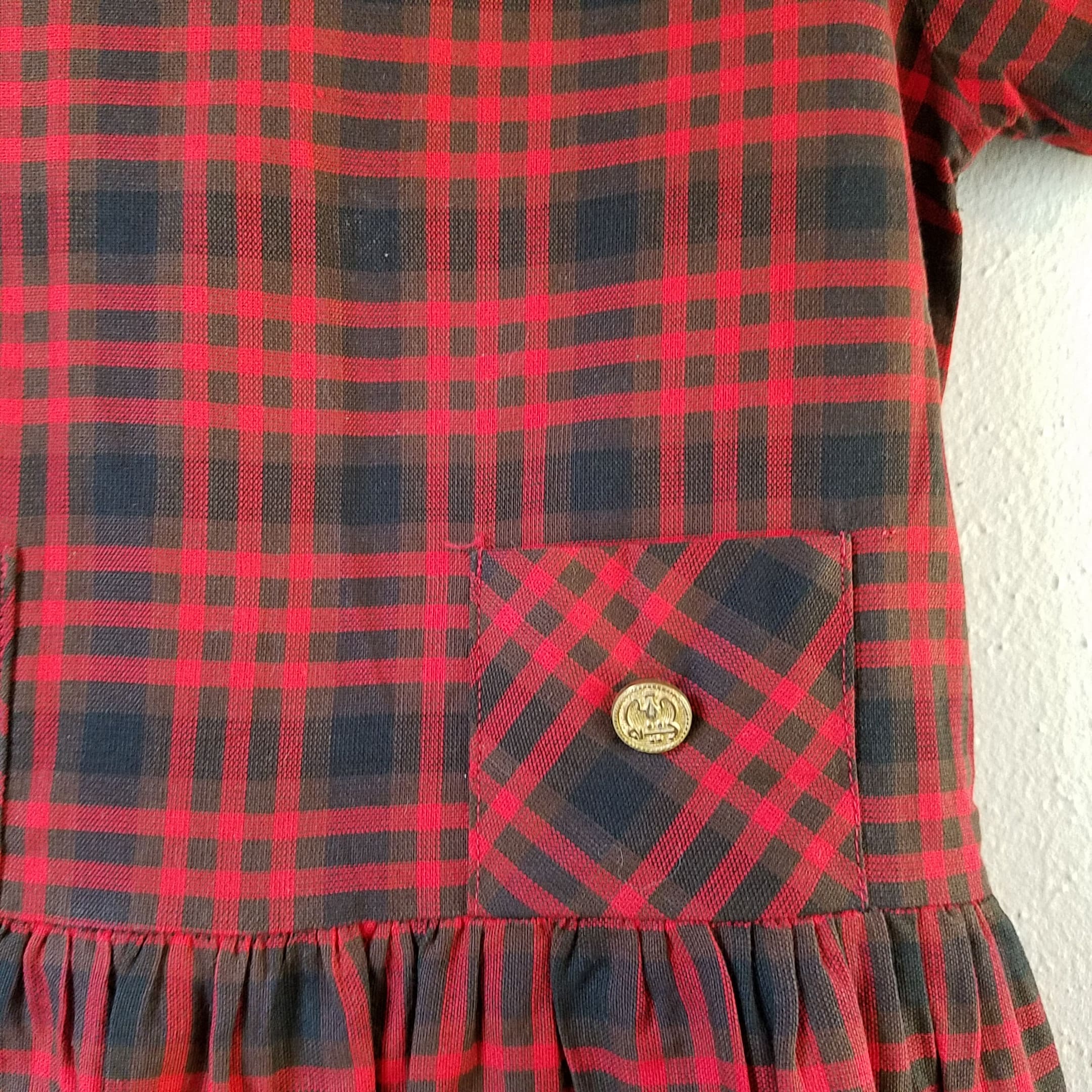 Vintage Girls Red Plaid Dress: Nautical Brass Buttons, White Collar ...
