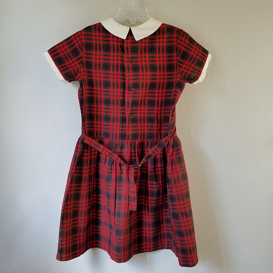 Vintage Girls Red Plaid Dress: Nautical Brass Buttons, White Collar ...