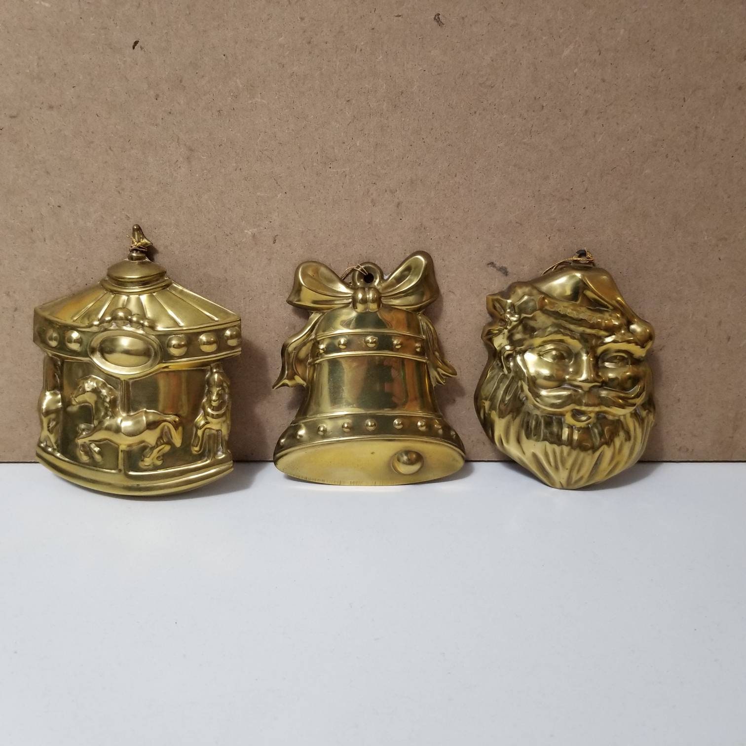 Three Brass Christmas Tree Ornaments Santa Carousel Bell | Etsy