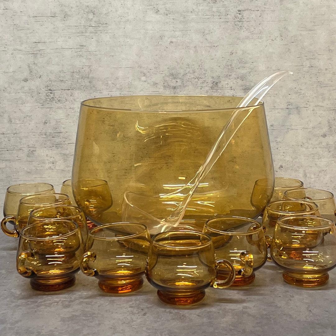 Large Amber Glass Punch Bowl Set With 12 Glasses - Etsy