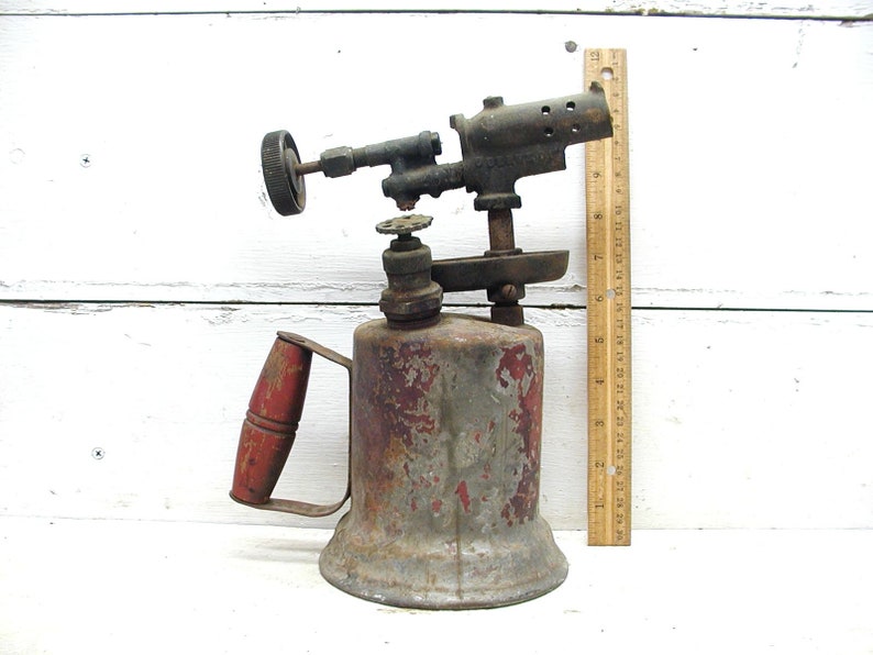 Vintage Brass and Steel Torch - Old Paint Chippy Red Bernz Co ...