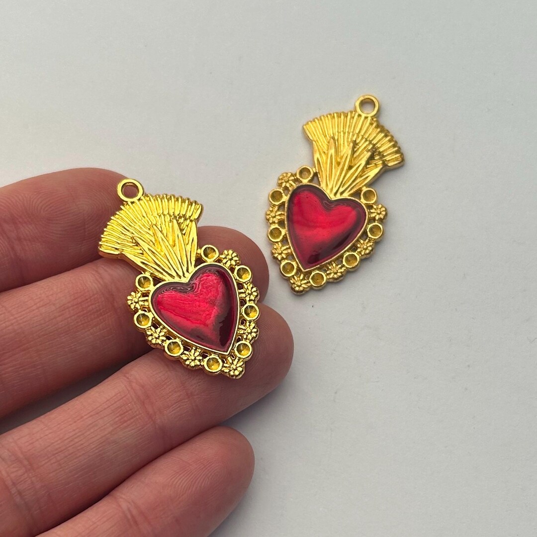 2 X Sacred Heart Charms - Red Enamel, Matte Gold Brass - Crown ...