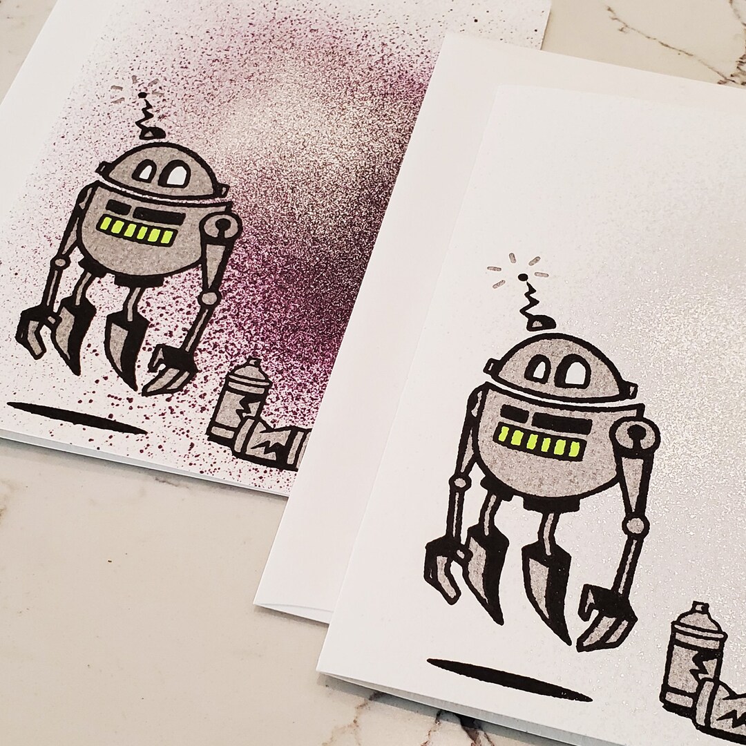 Robot and Spray Paint Cans - Blank Card and Envelope - Set of 2 ...