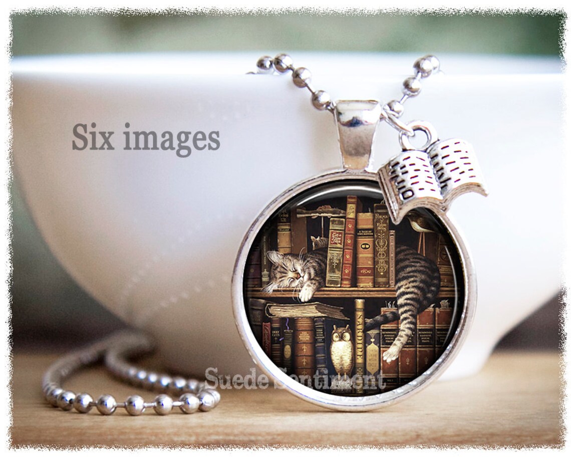 Gifts For Readers Jewelry With Books Book and Cat Necklace | Etsy