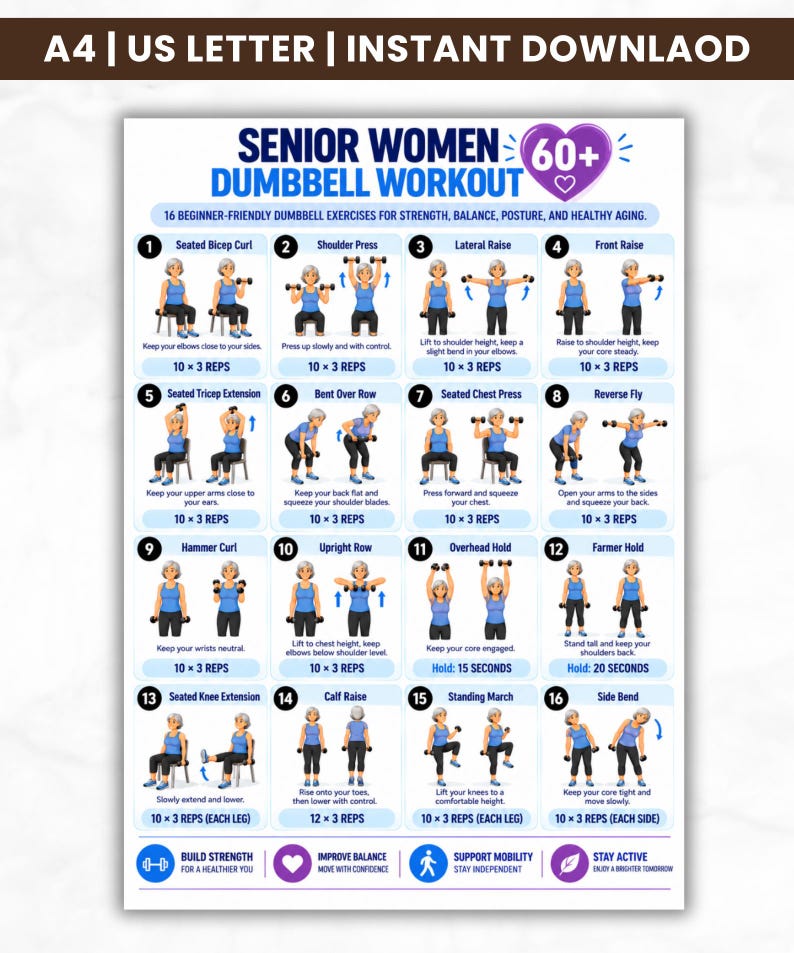 Senior Women Dumbbell Workout 60+ Printable, Strength Training Chart ...