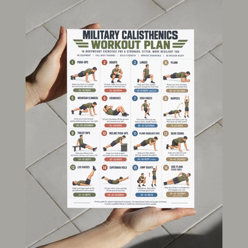 Military Calisthenics Workout Plan Printable Pdf | Full Body Bodyweight ...