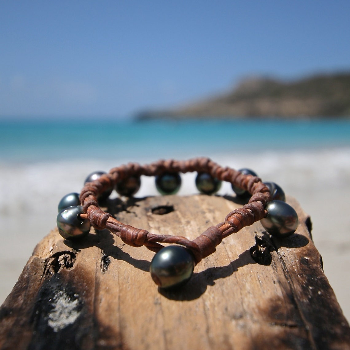Stunning Bohemian Leathered Tahitian Black Pearls Bracelet, Cultured ...