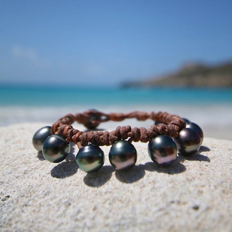 Stunning Bohemian Leathered Tahitian Black Pearls Bracelet, Cultured ...