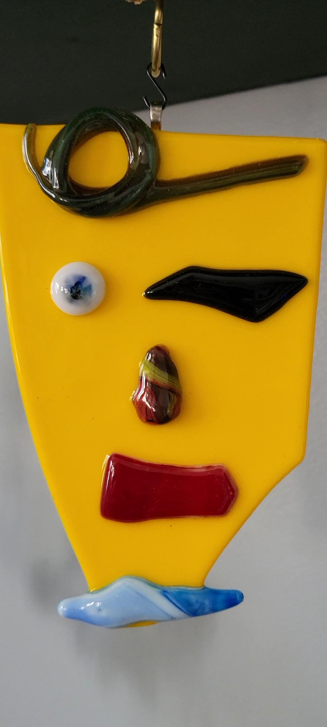 Fused Glass Mask Art – Abstract Face With Curly Hair & Blue Tie ...