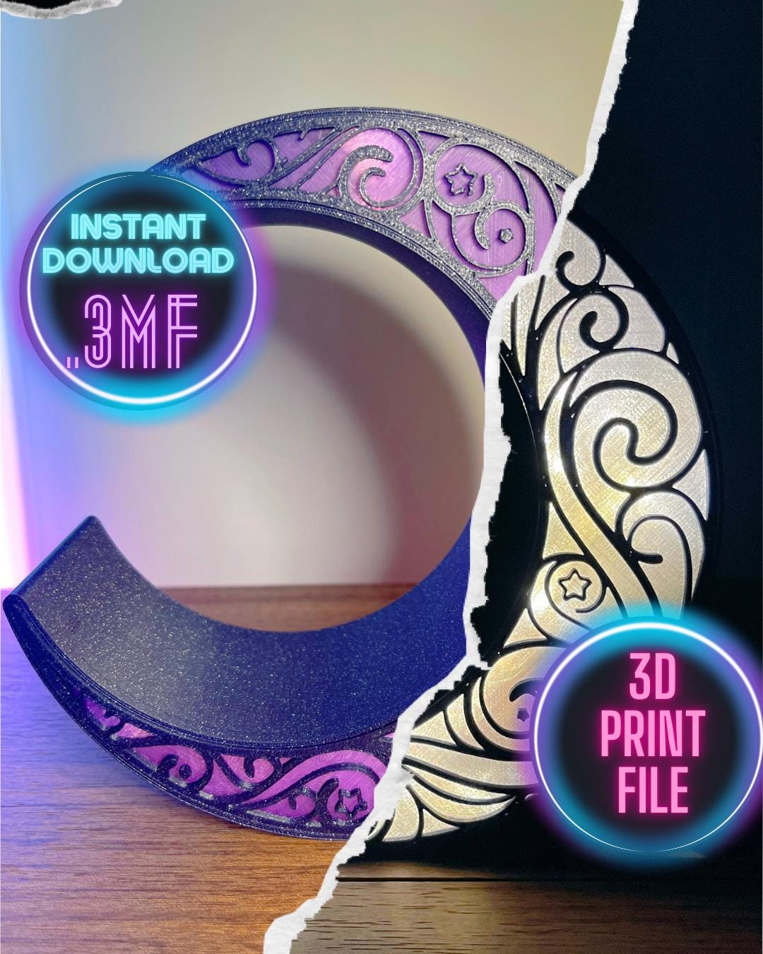 Swirly Crescent Moon Lantern 3D File Light-up Booknook & Celestial ...