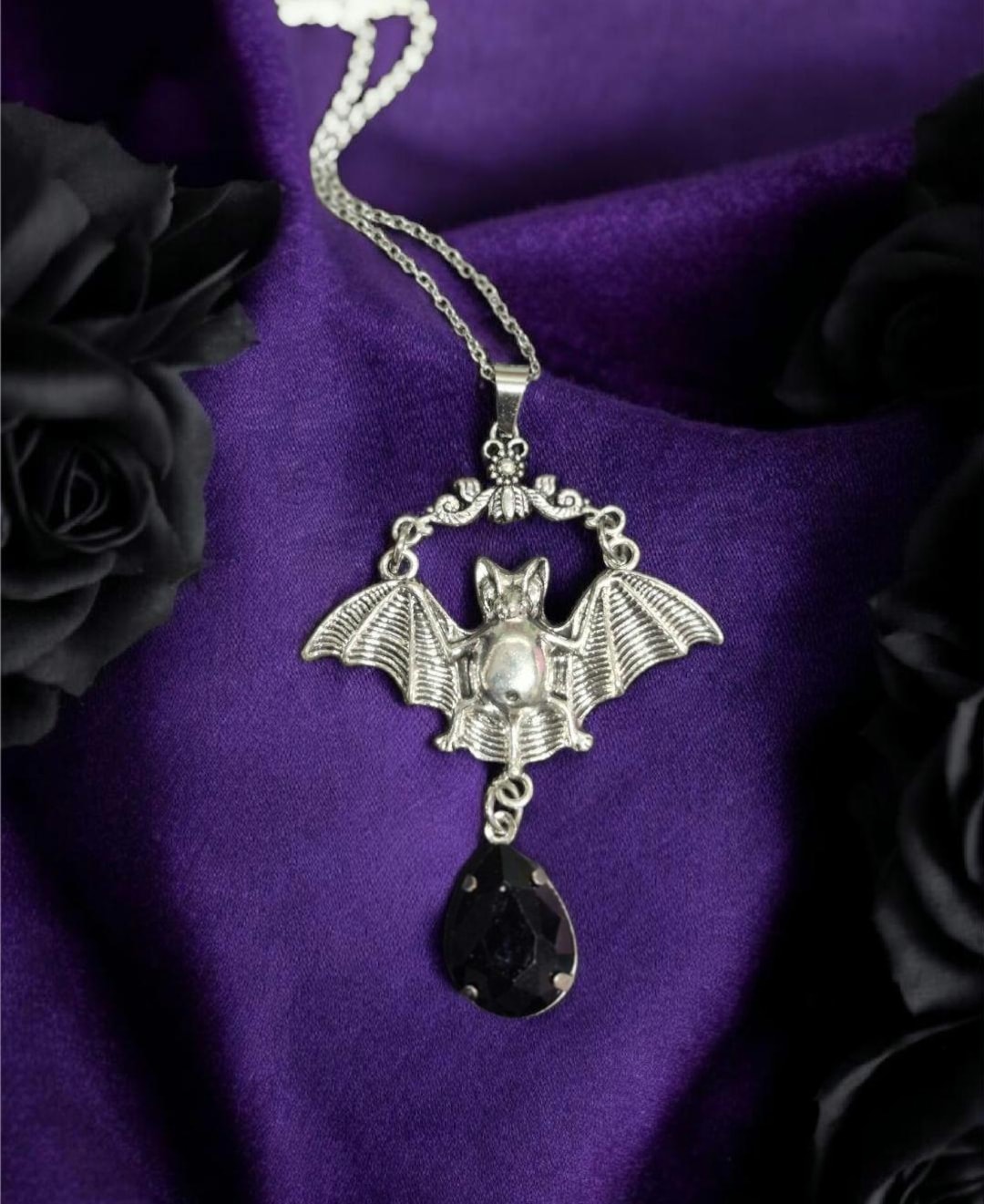 Gothic Bat Charm Necklace With Black Faceted Glass Teardrop ...