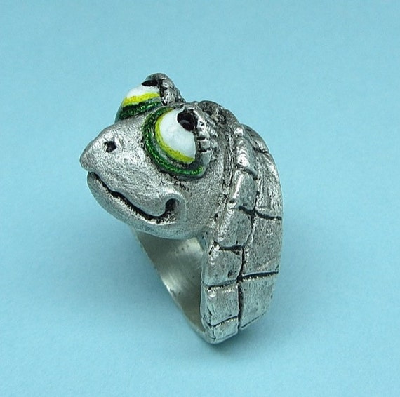 Whimsical Silver Turtle Head Ring stickin' My Neck | Etsy