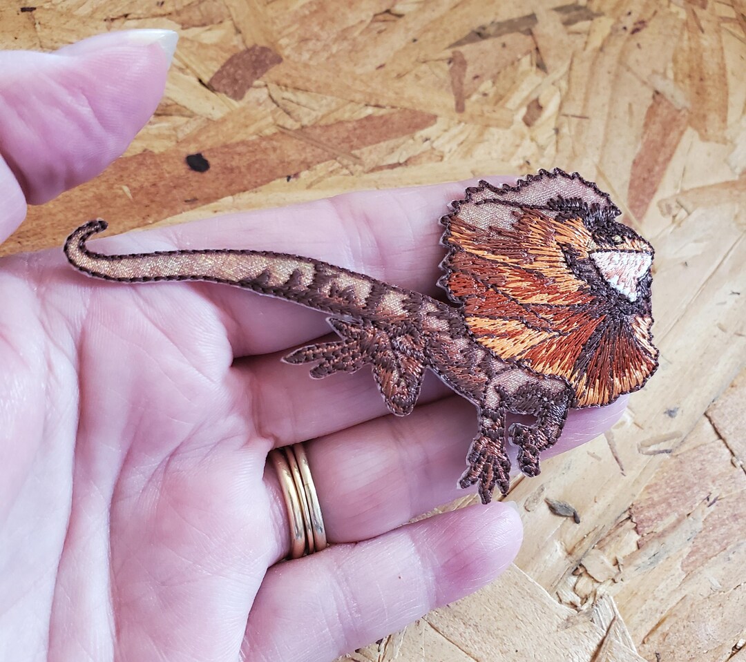Frilled Neck Lizard - Brown Frilled Dragon - Reptile - Embroidered Iron ...