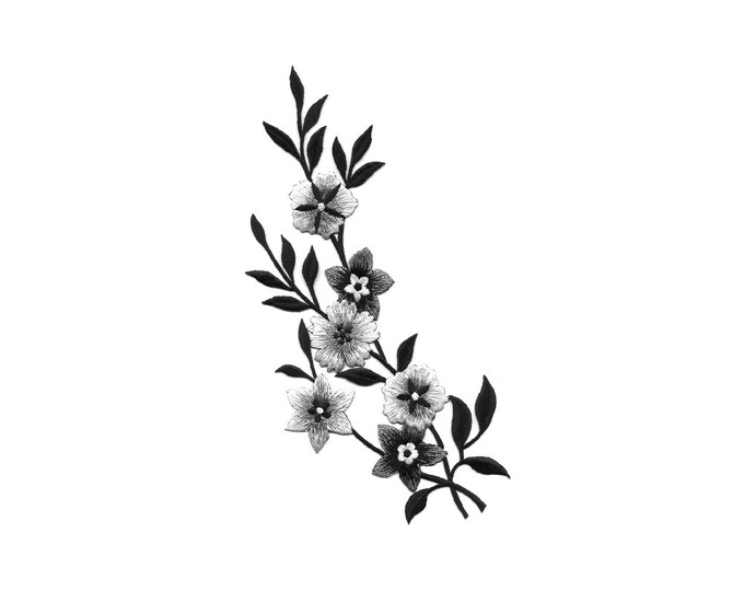 Flowers Flower Garden Black, White & Silver Embroidered Iron on Patch ...