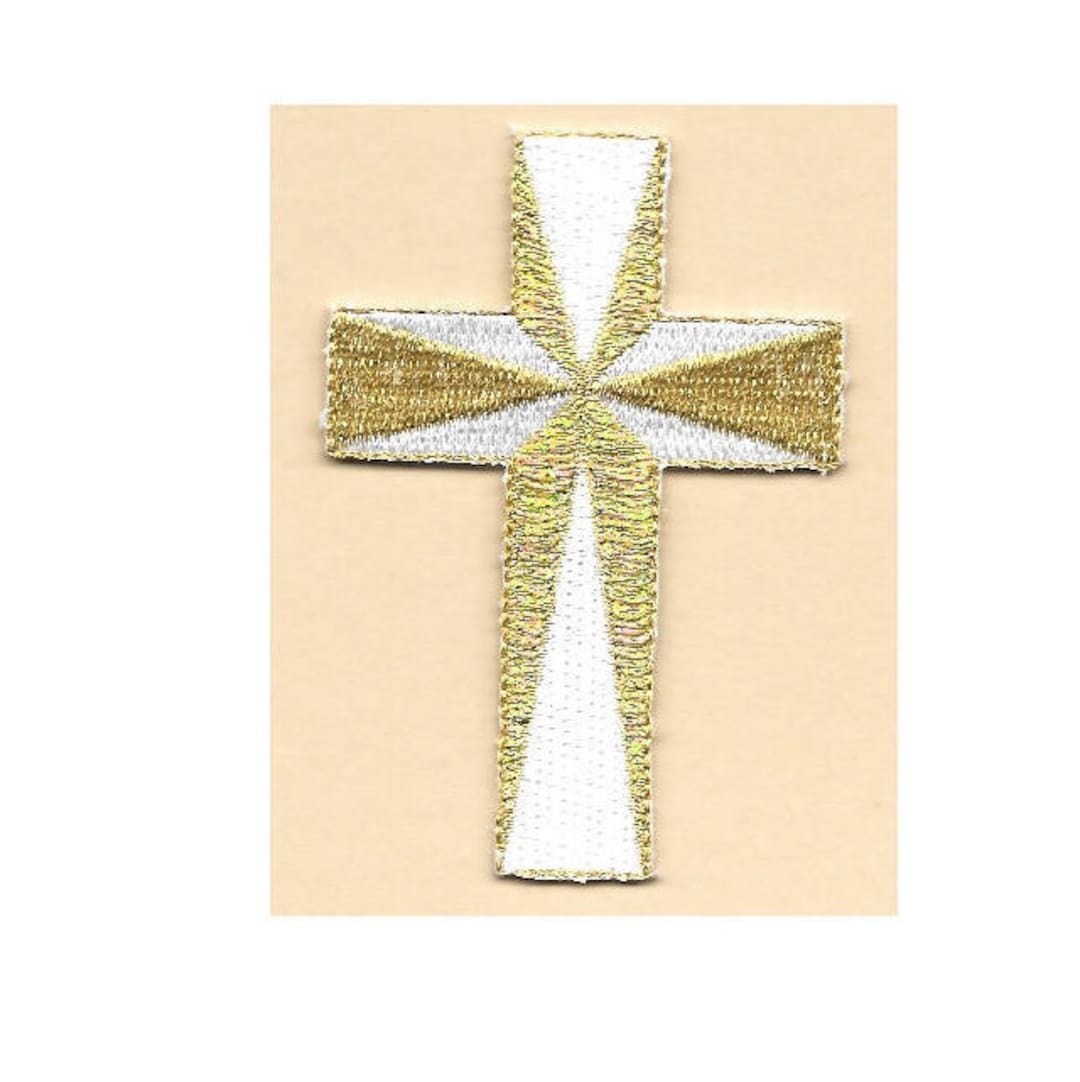 Cross - Christian - Embroidered White/metallic Gold Iron on Applique ...