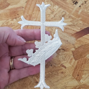 Embroidered Silver Metallic Cross - Latin Fleur Cross W/crown ...