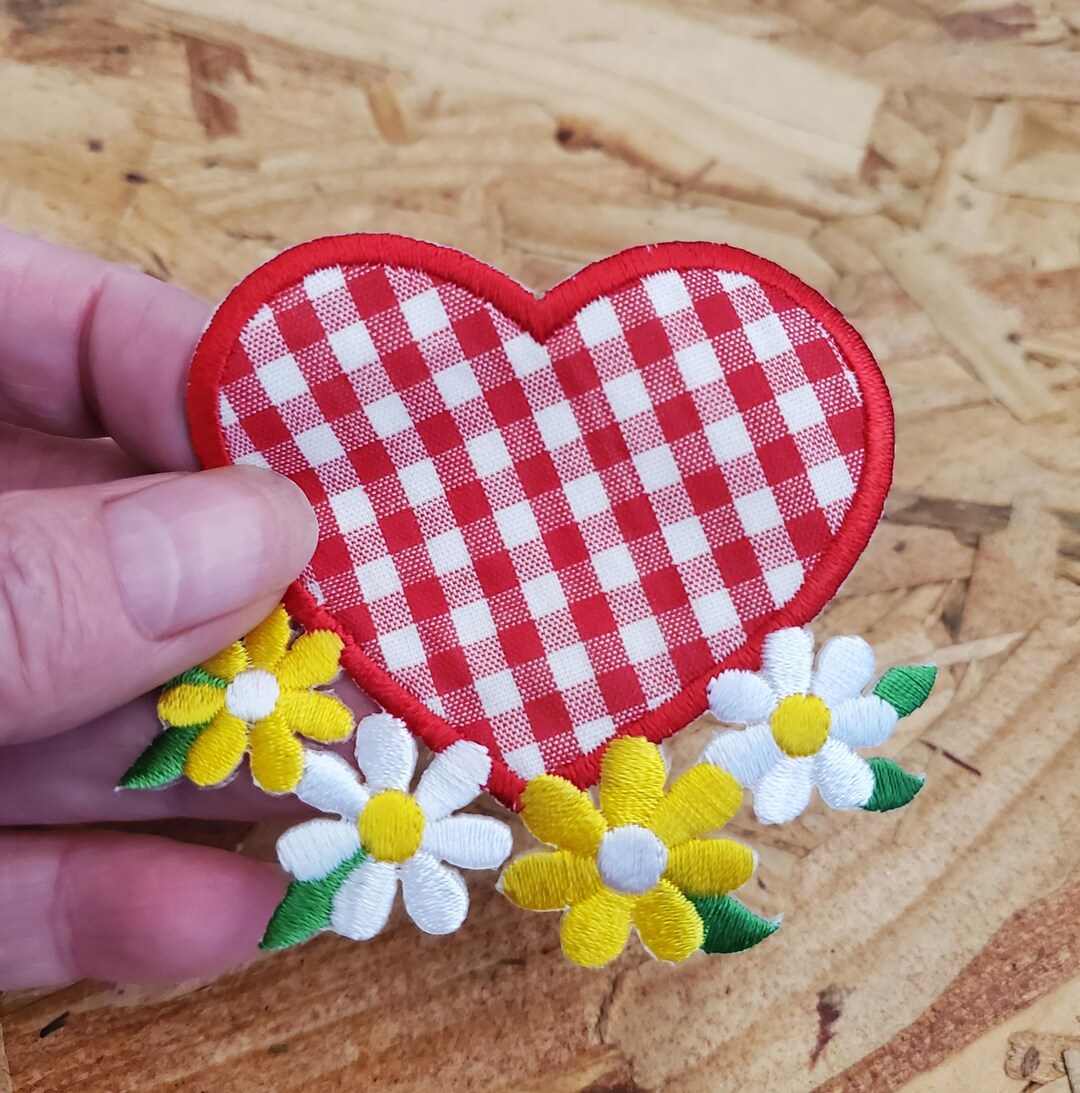 Heart - Red Checkered - Embroidered Flowers - Iron on Applique Patch ...