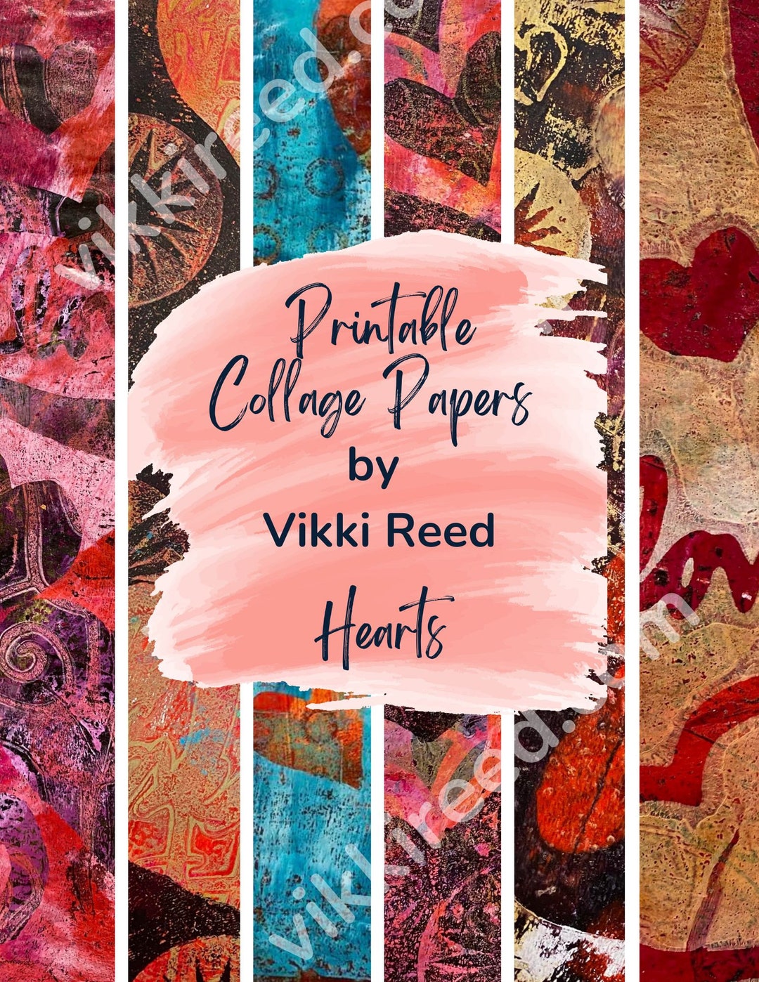 6 Mixed Media Printable Papers, Love Heart Themed Collage Backgrounds ...