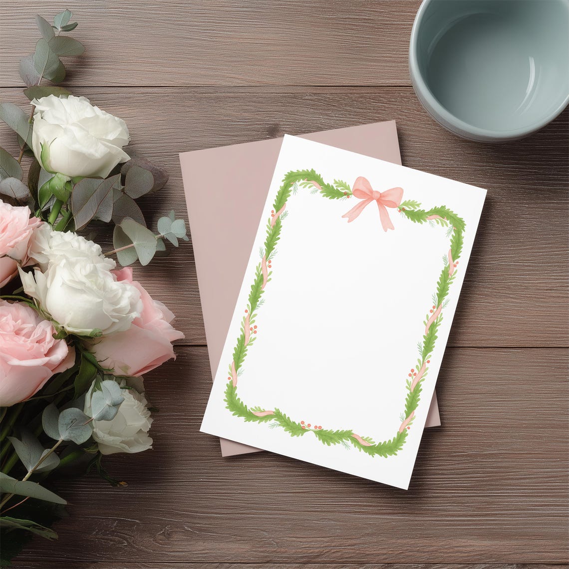 Pastel Christmas Garland Frame – Pink Bow Holiday Border Printable ...