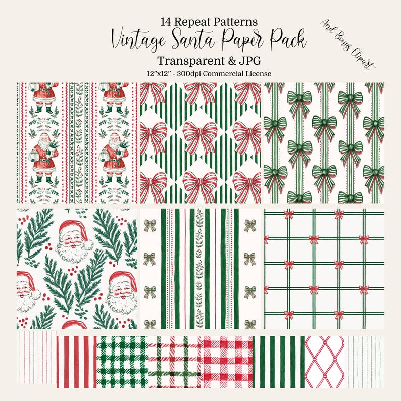 Vintage Santa Christmas Paper Pack: 14 Retro Holiday Patterns (digital ...