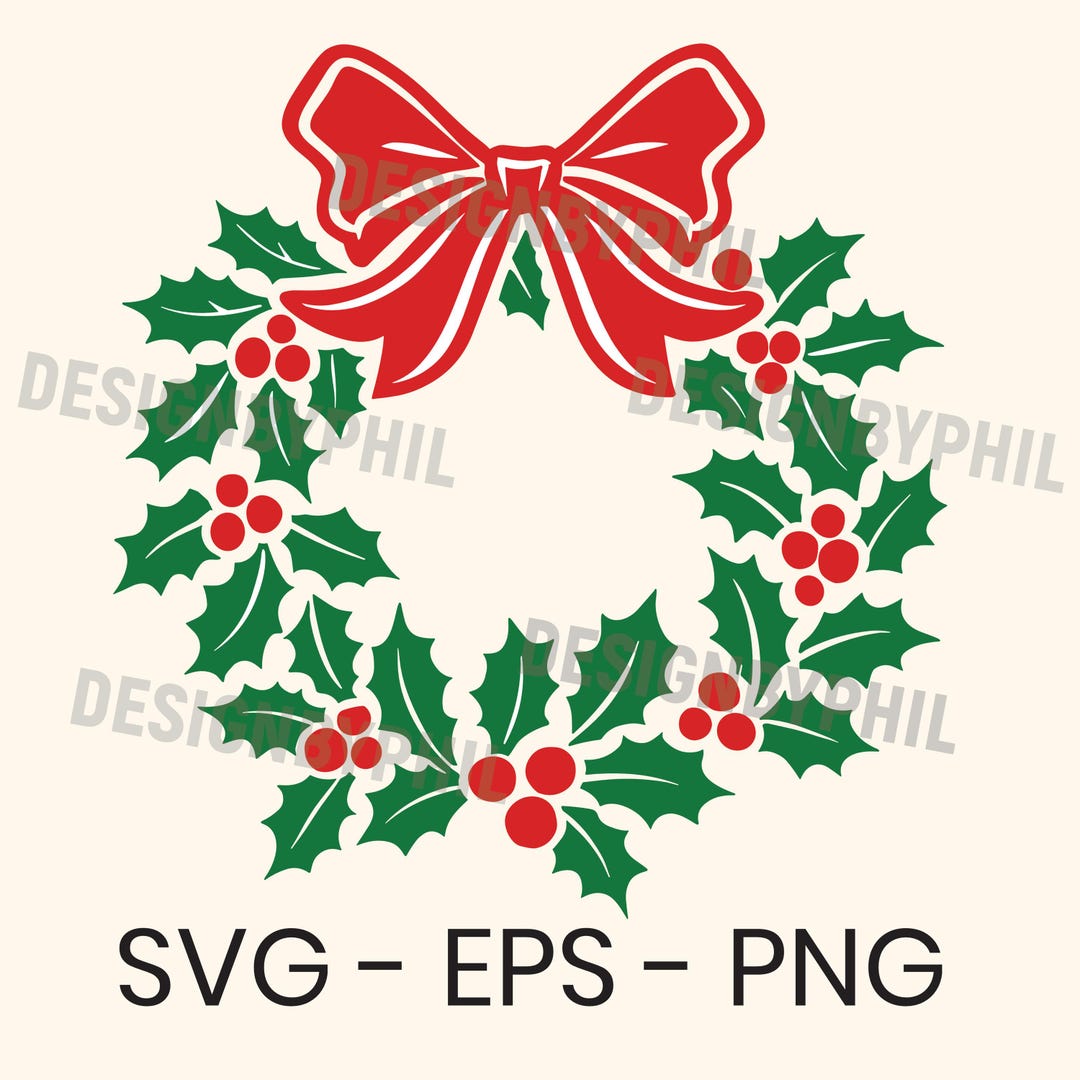 Christmas Wreath SVG, Festive Holiday Bow PNG EPS, Classic Green Red ...