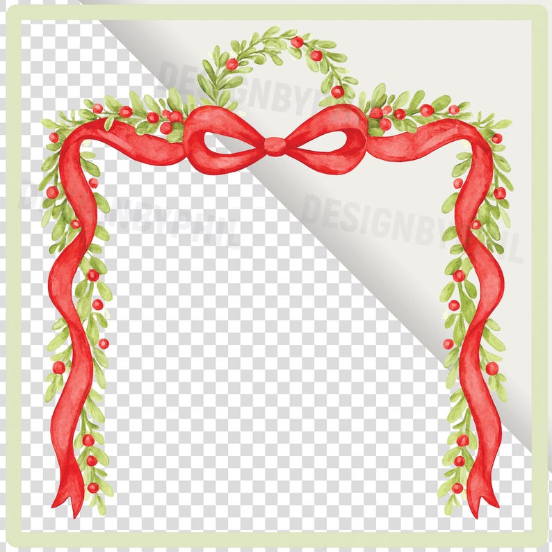 Christmas Garland Frame Clipart: Red Bow, Watercolor Greenery (PNG) - Etsy