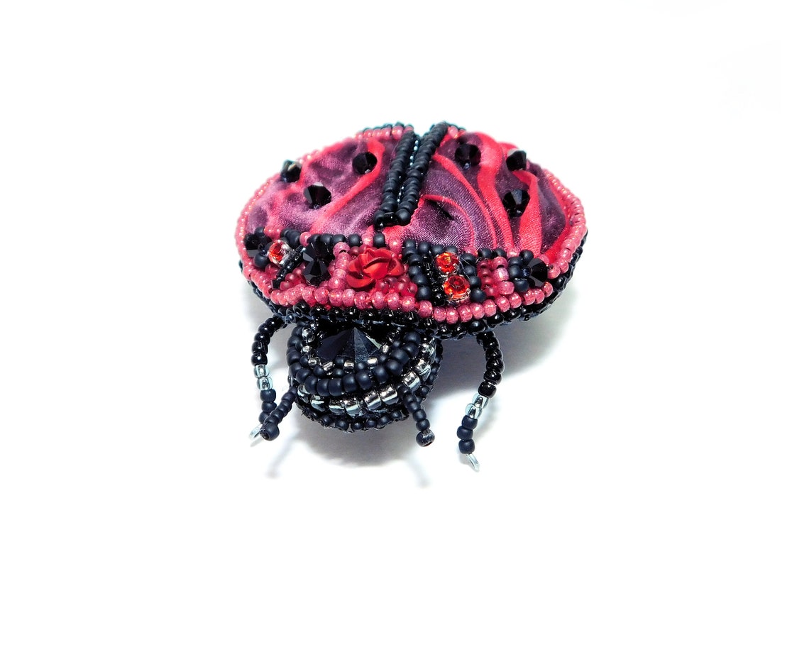 Handmade Bead Embroidered Ladybug Brooch With Shibori Silk Garnet ...