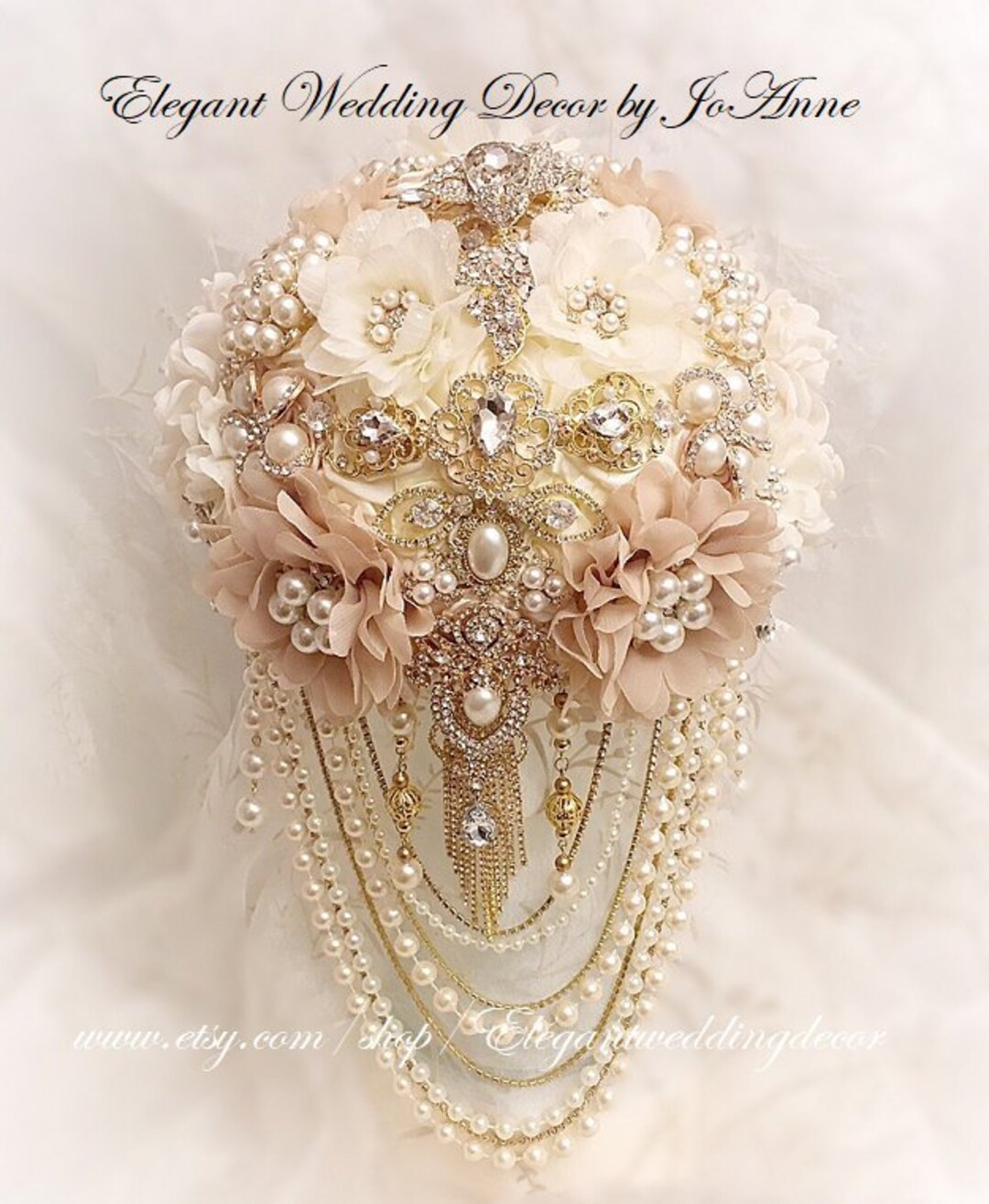 Champagne Ivory JEWELED Bouquet Draping Pearl Bouquet BROOCH - Etsy