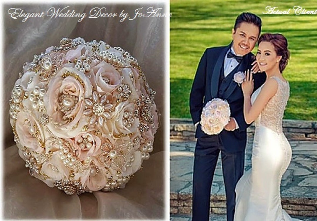ROSE GOLD Silk Flower Brooch Bouquet, Pink Ivory and Gold Elegant ...