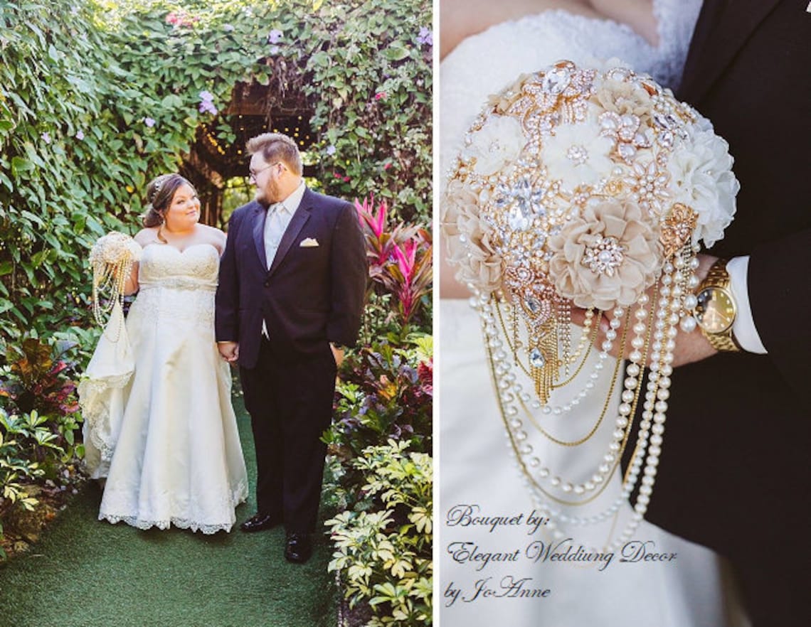 Champagne Ivory JEWELED Bouquet Draping Pearl Bouquet BROOCH - Etsy