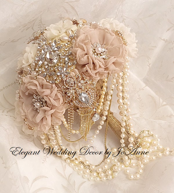 Champagne Ivory JEWELED Bouquet Draping Pearl Bouquet BROOCH - Etsy