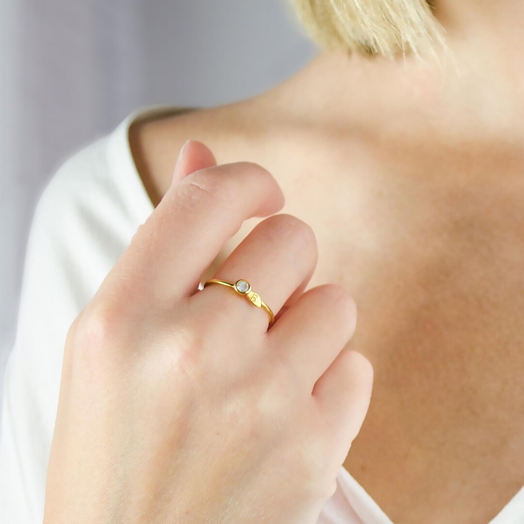 Stackable Leaf & Birthstone Ring Mother's Engraved Initial Ring Set 925 ...