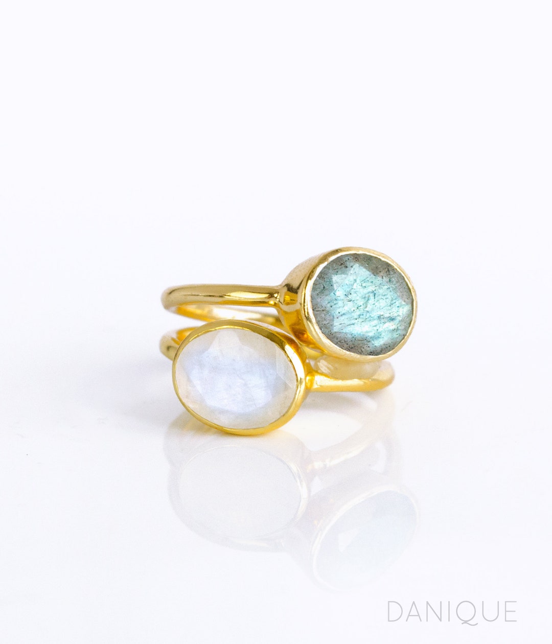 Labradorite & Moonstone Stacking Ring Set • Iridescent Natural Gemstone ...