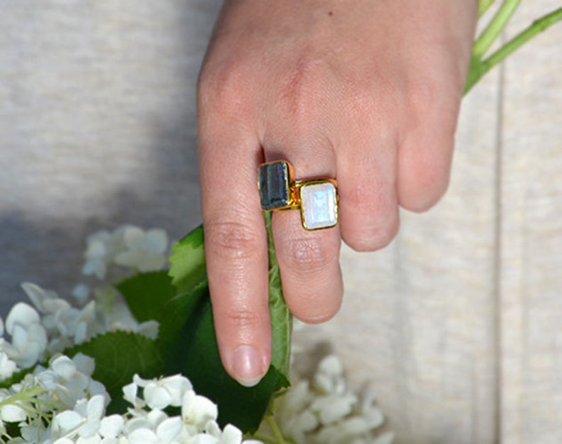 Labradorite Ring, Large Rectangle Ring, Faceted Natural Blue ...