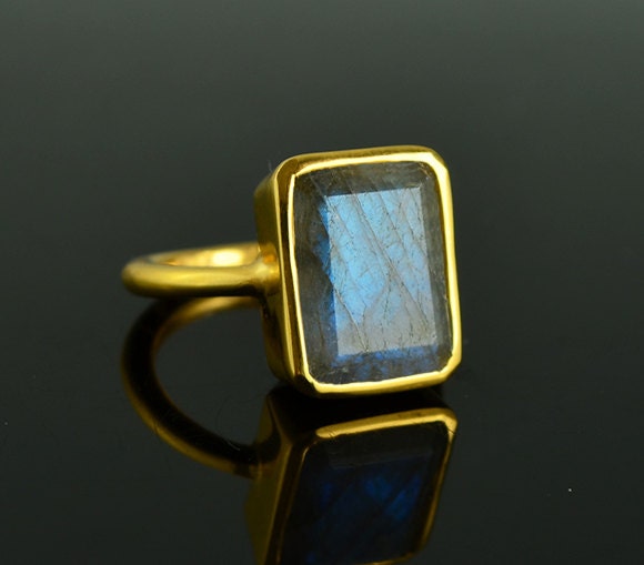 Labradorite Ring, Large Rectangle Ring, Faceted Natural Blue ...