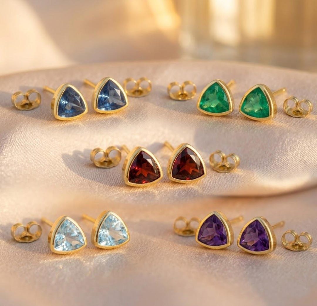 Custom Birthstone Earrings • Triangle Studs, Dainty Stud Earrings, Gold ...