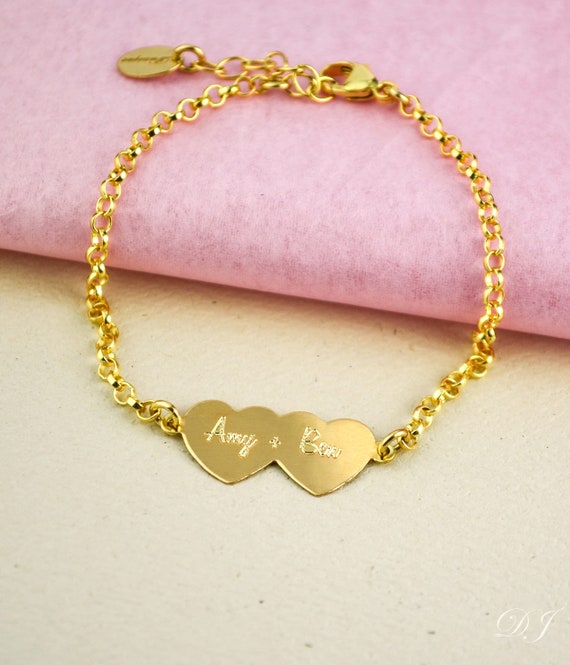 Personalized Christmas Gift for Her Engraved Name Heart Bracelet Name Double Heart Bracelet Gold Monogram Bracelet Wife Bridal Shower Etsy