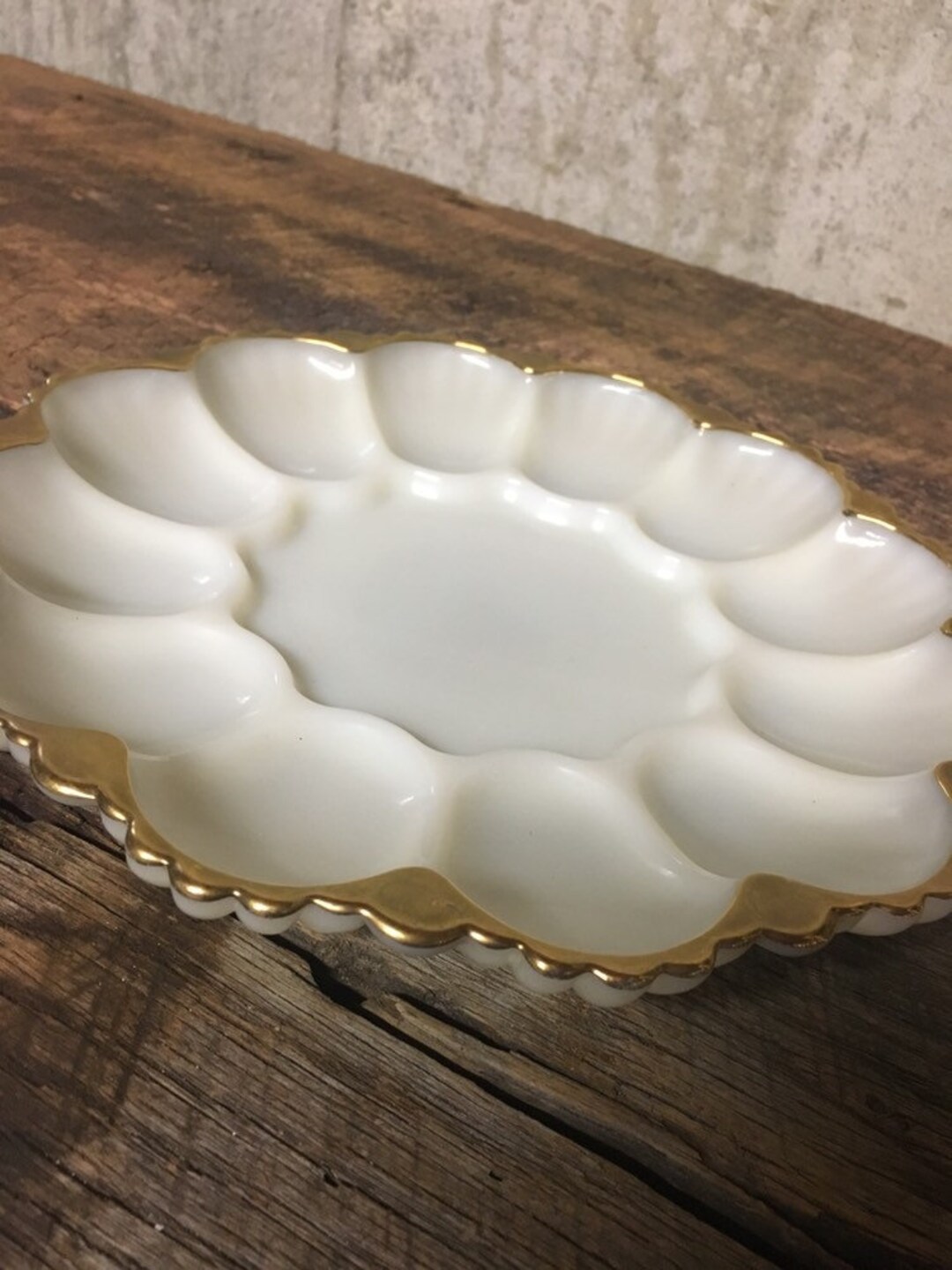 Milk Glass Egg Plate, Pressed Glass Plate, Gold Trim Milk Glass ...