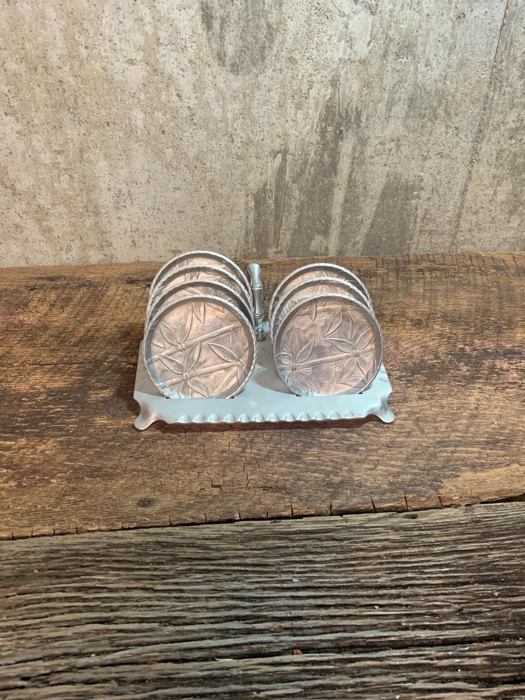 Vintage Aluminum Coaster Set, Hand Forged Bamboo Design, 1950s Barware ...