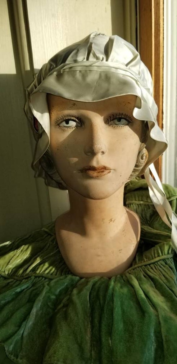 Antique Cloche Hat Boudoir Nightcap Green Corded Tatt… - Gem