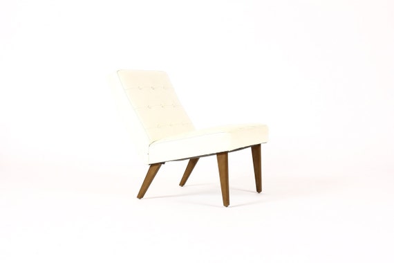 Danish Modern Mid Century Vintage Low Lounge Armless Slipper Chair Pearl White Tufted Vinyl Teak Legs Etsy